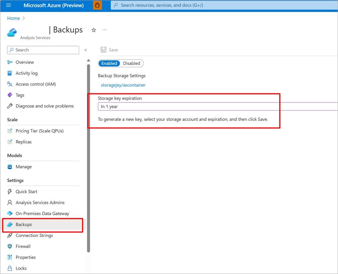 How to locate the Storage Key in Analysis Services Backup settings